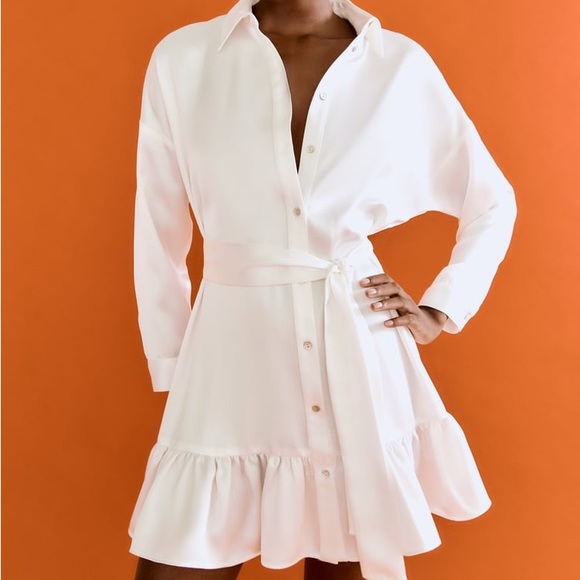 Zara | Dresses | Zara Oyster White Ruffled Satin Effect Dress | Poshmark